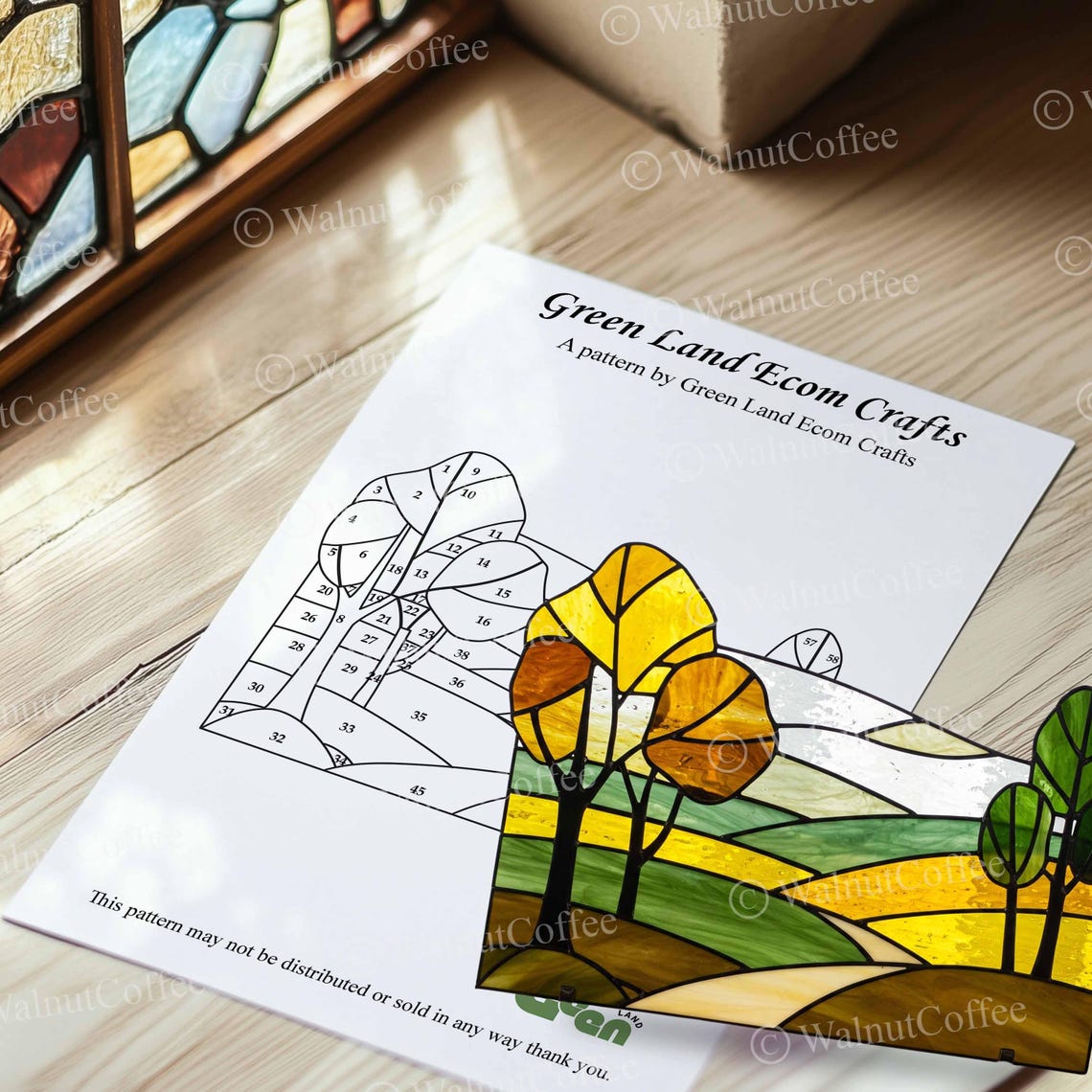 Autumn Landscape Stained Glass Pattern, Fall Trees and Rolling Hills ...