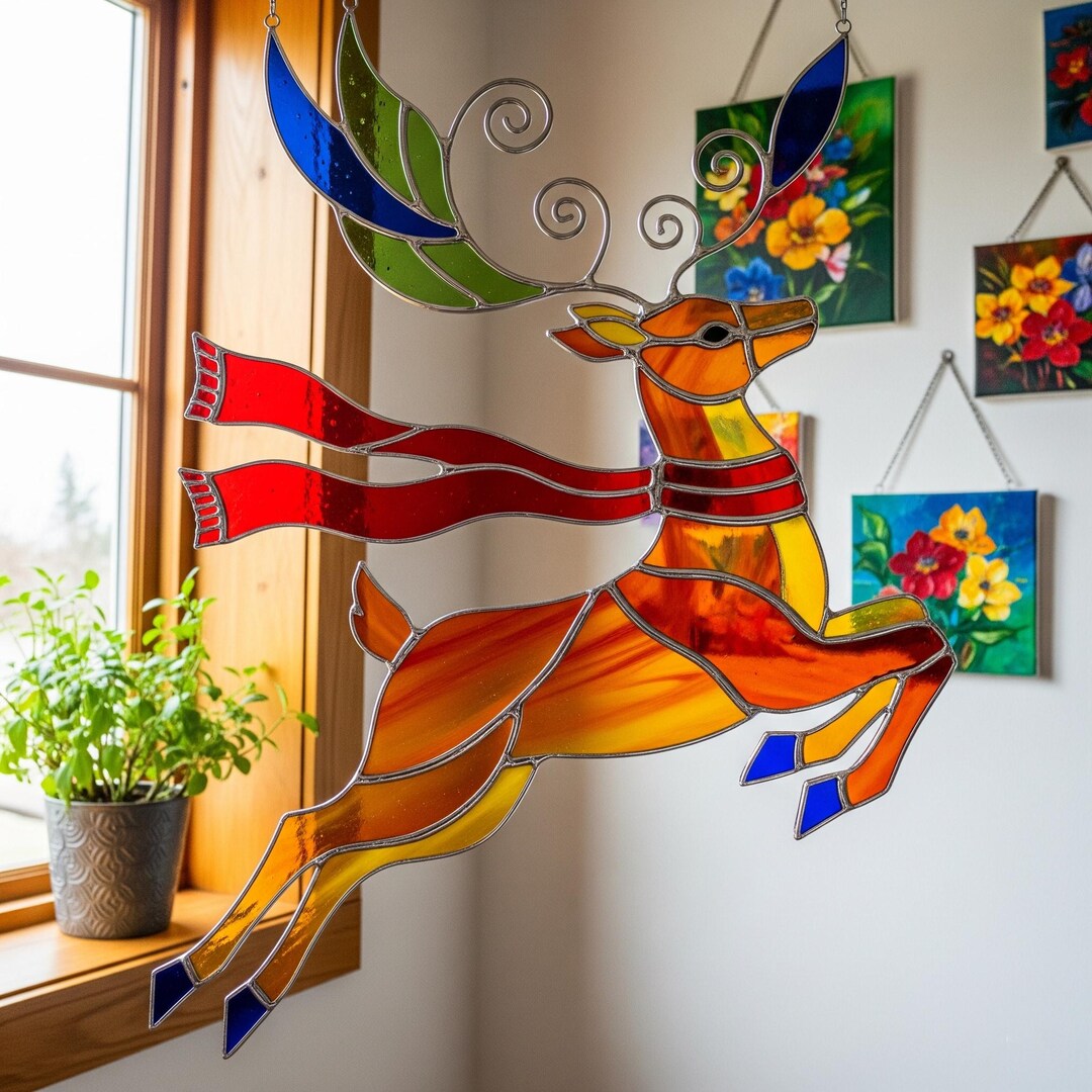 Reindeer Stained Glass Suncatcher, Reindeer With Colorful Antlers and ...