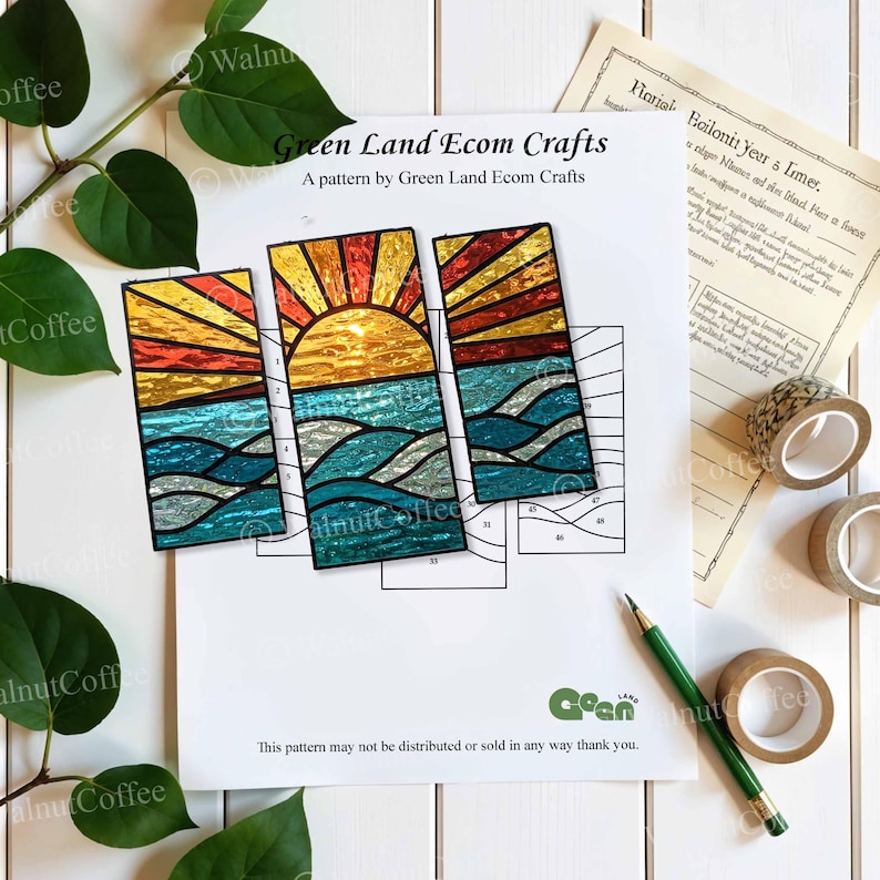 Sunset Stained Glass Pattern, Ocean Waves Glass Suncatcher Pattern ...