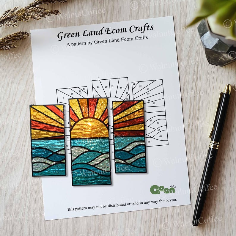 Sunset Stained Glass Pattern, Ocean Waves Glass Suncatcher Pattern ...