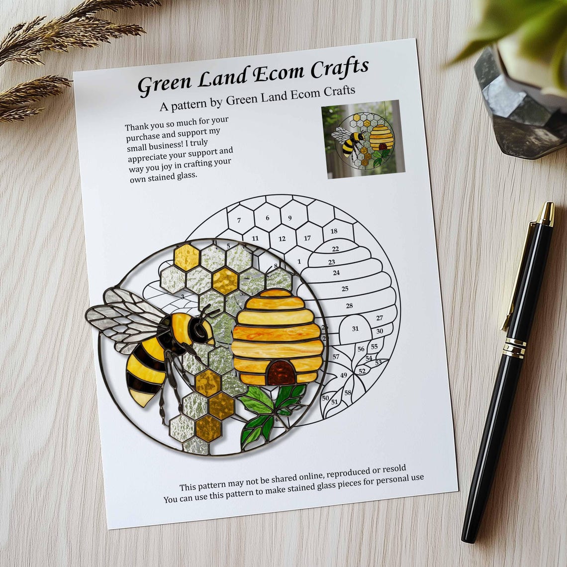 Bee and Beehive Stained Glass Pattern Digital Download, Honeycomb Glass ...