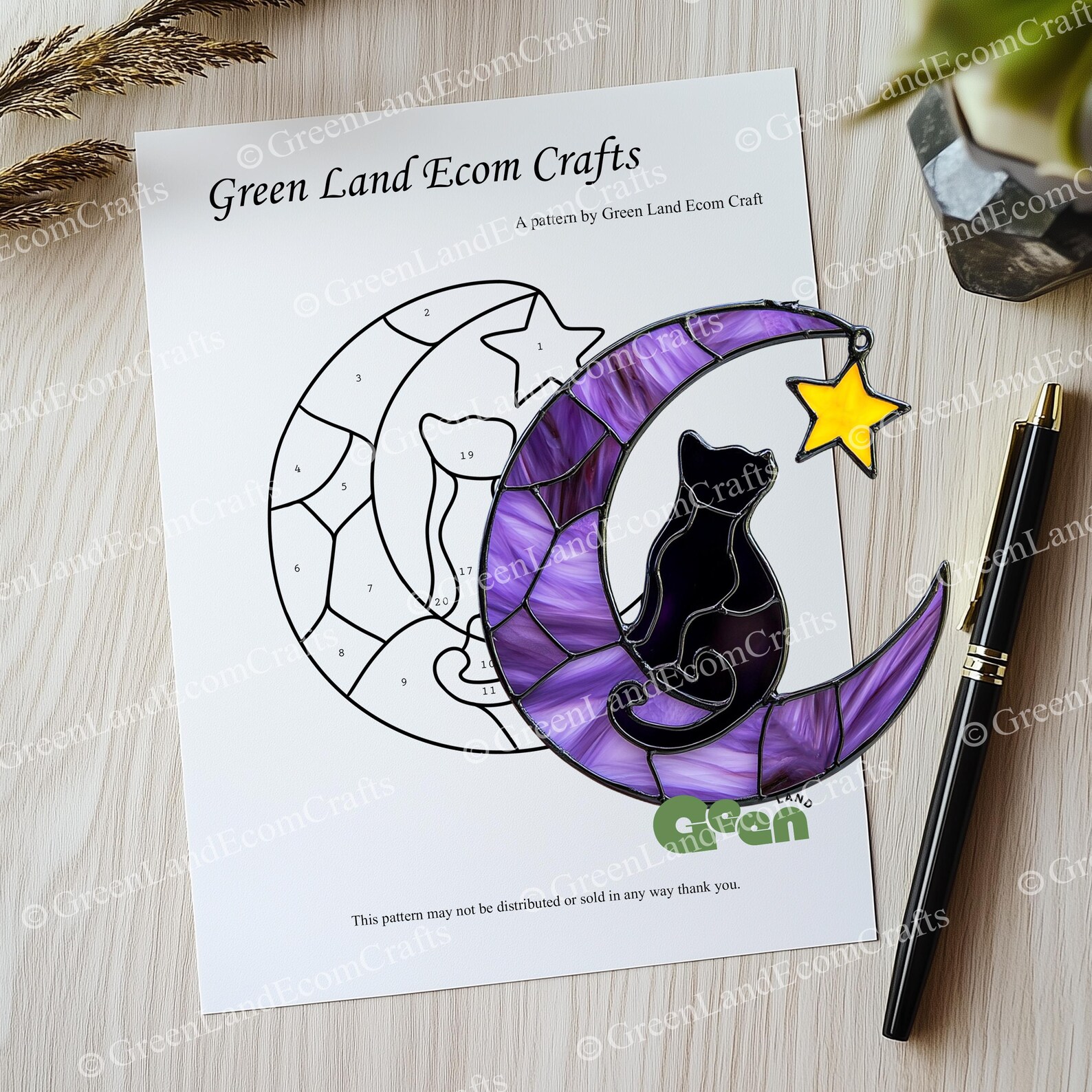 Cat on the Moon Stained Glass Pattern Digital Download, Memorial Cat ...