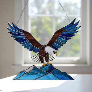 Bald Eagle Stained Glass Pattern, Blue Mountain Glass Suncatcher Home Decor, Modern Suncatcher ...