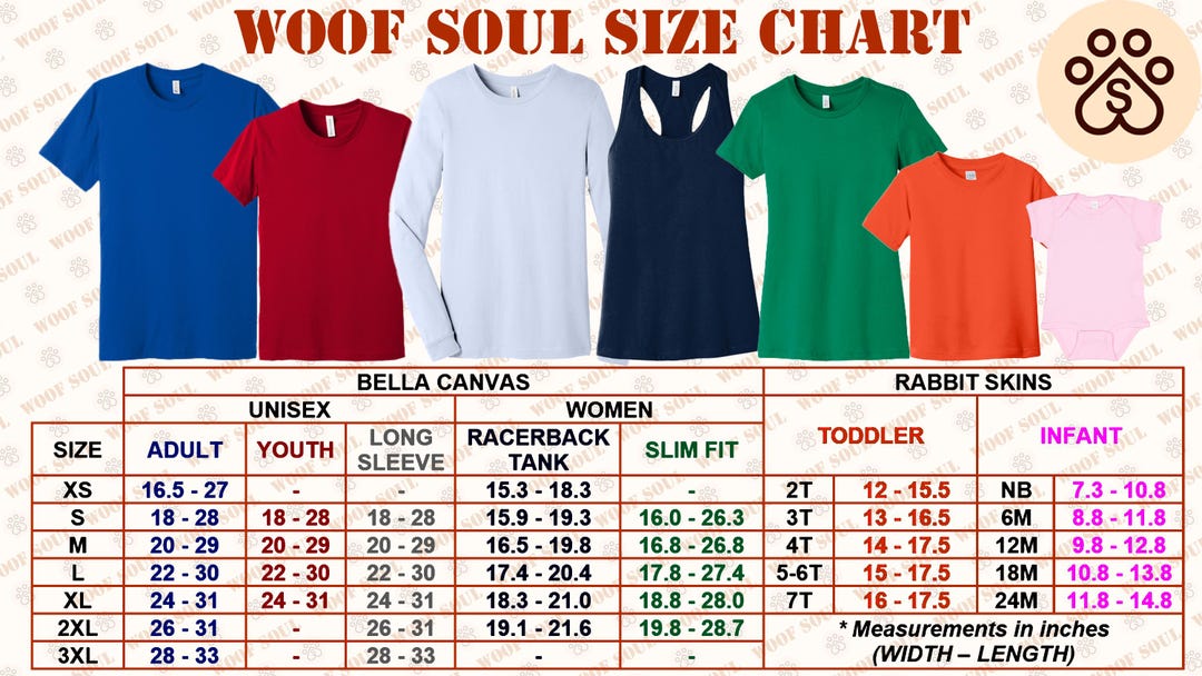 Woof Soul Size Color Charts - Etsy