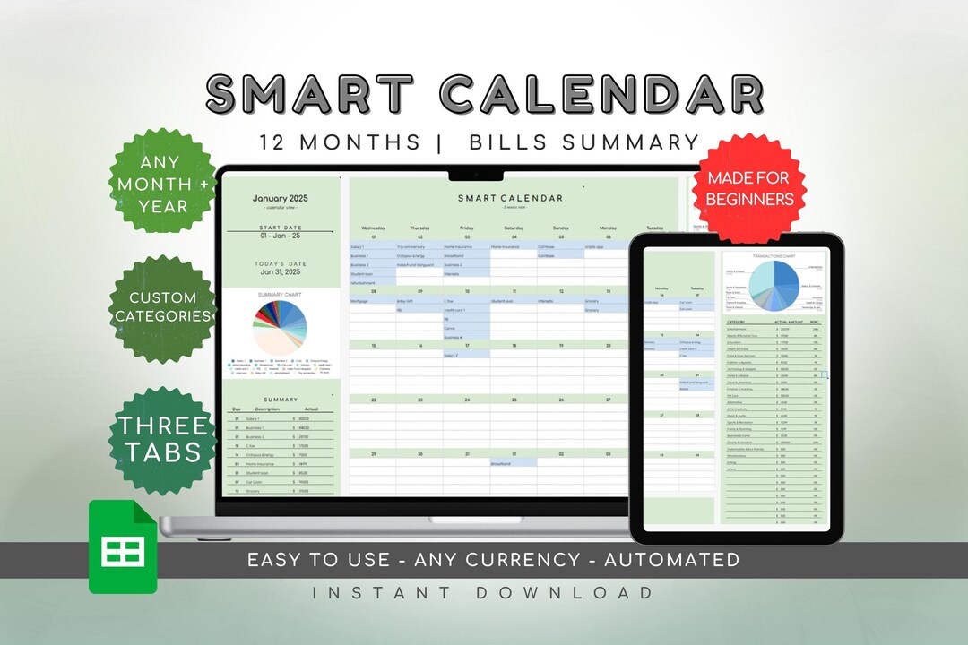 2025 Calendar Spreadsheet Google Sheets Yearly Calendar Monthly Tracker ...