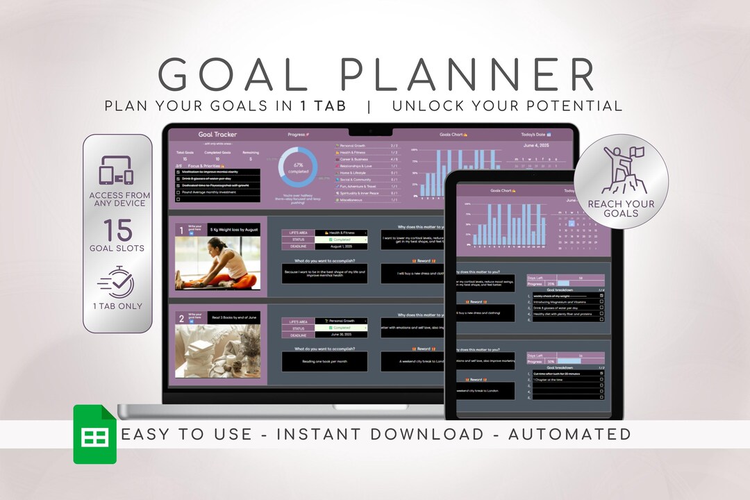 Goal Planner Tracker Simple Spreadsheet Smart Dark Mode Google Sheets ...