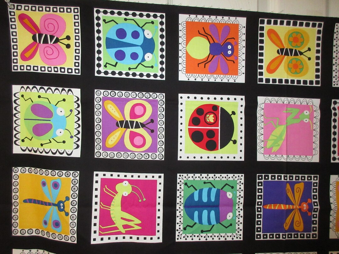 Panel Fun Bugs in Squares From Andover Fabrics -butterfly, Spider,worm ...