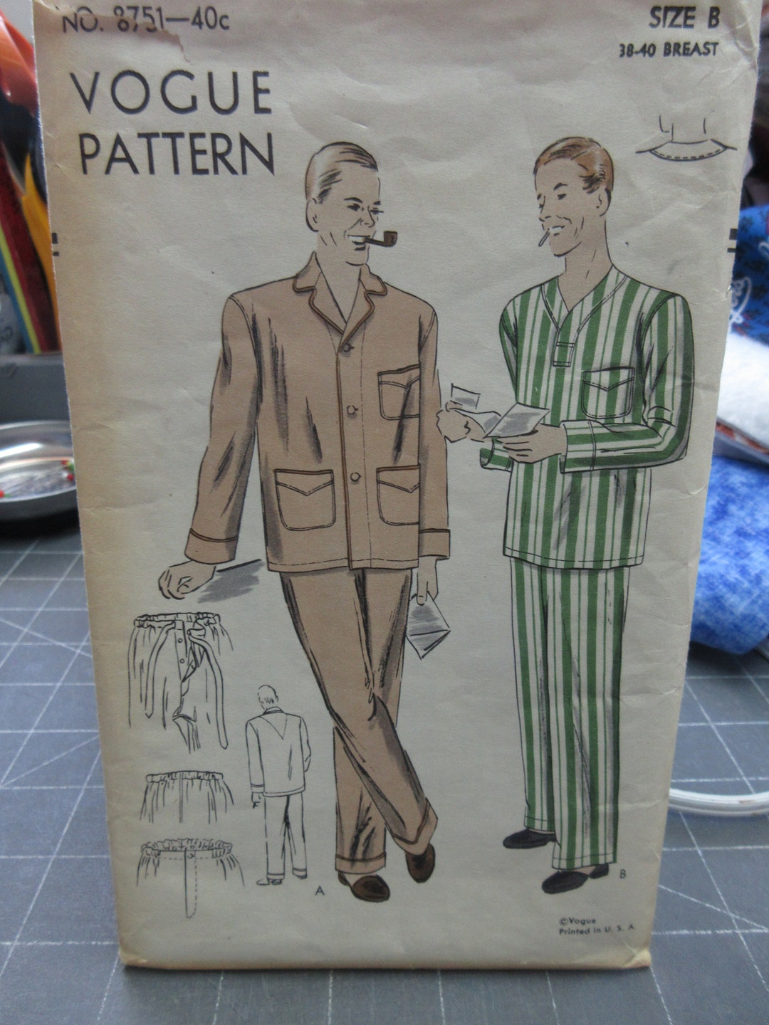 Vintage 1940's Vogue Pattern- Men's Pajamas No 8751 Size B 38-40 Breast ...