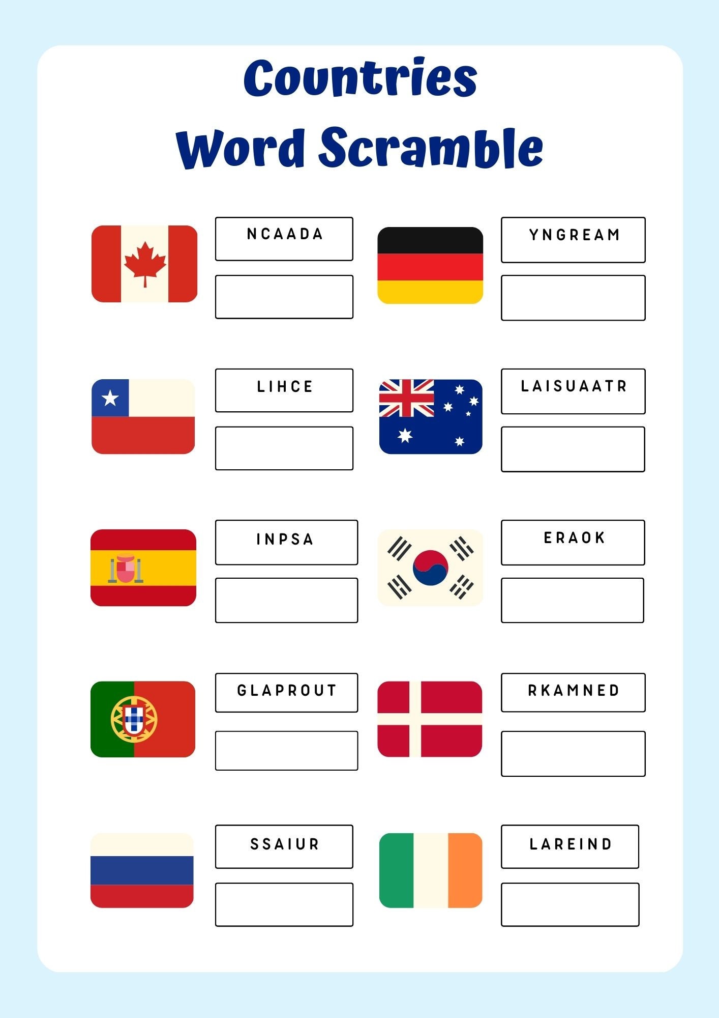 Countries & Flags Worksheet - Etsy
