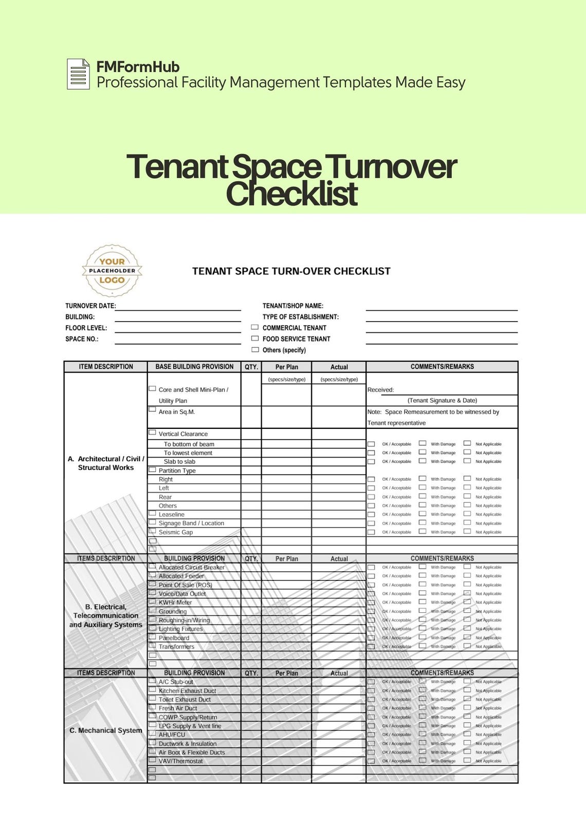 Tenant Space Turnover Checklist (lease Space Handover Guide, Space ...