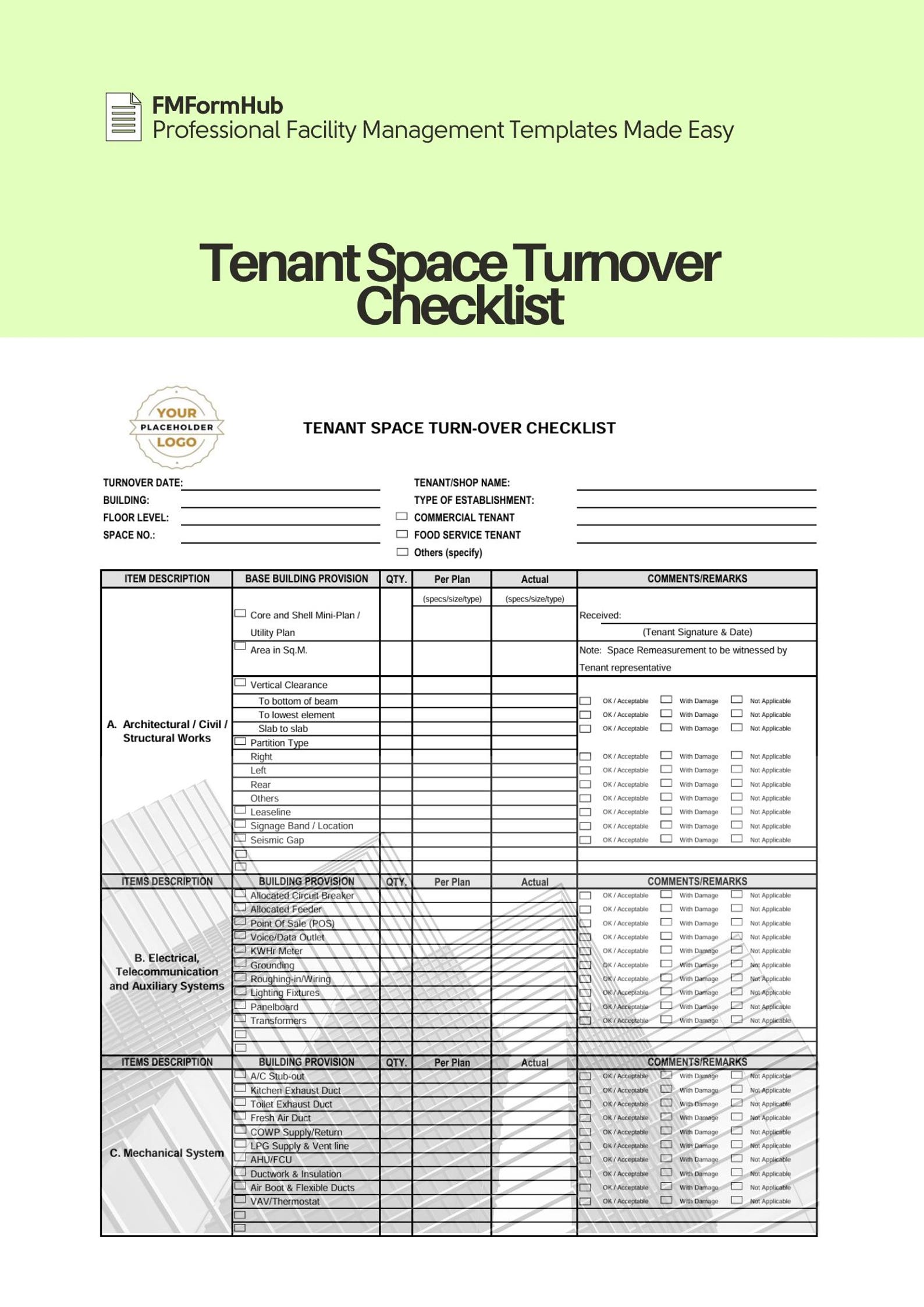 Tenant Space Turnover Checklist (lease Space Handover Guide, Space ...