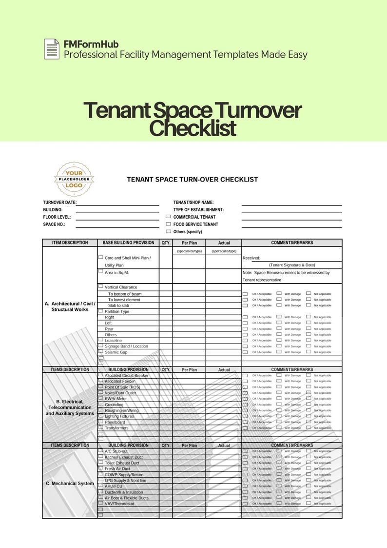 Tenant Space Turnover Checklist (lease Space Handover Guide, Space ...