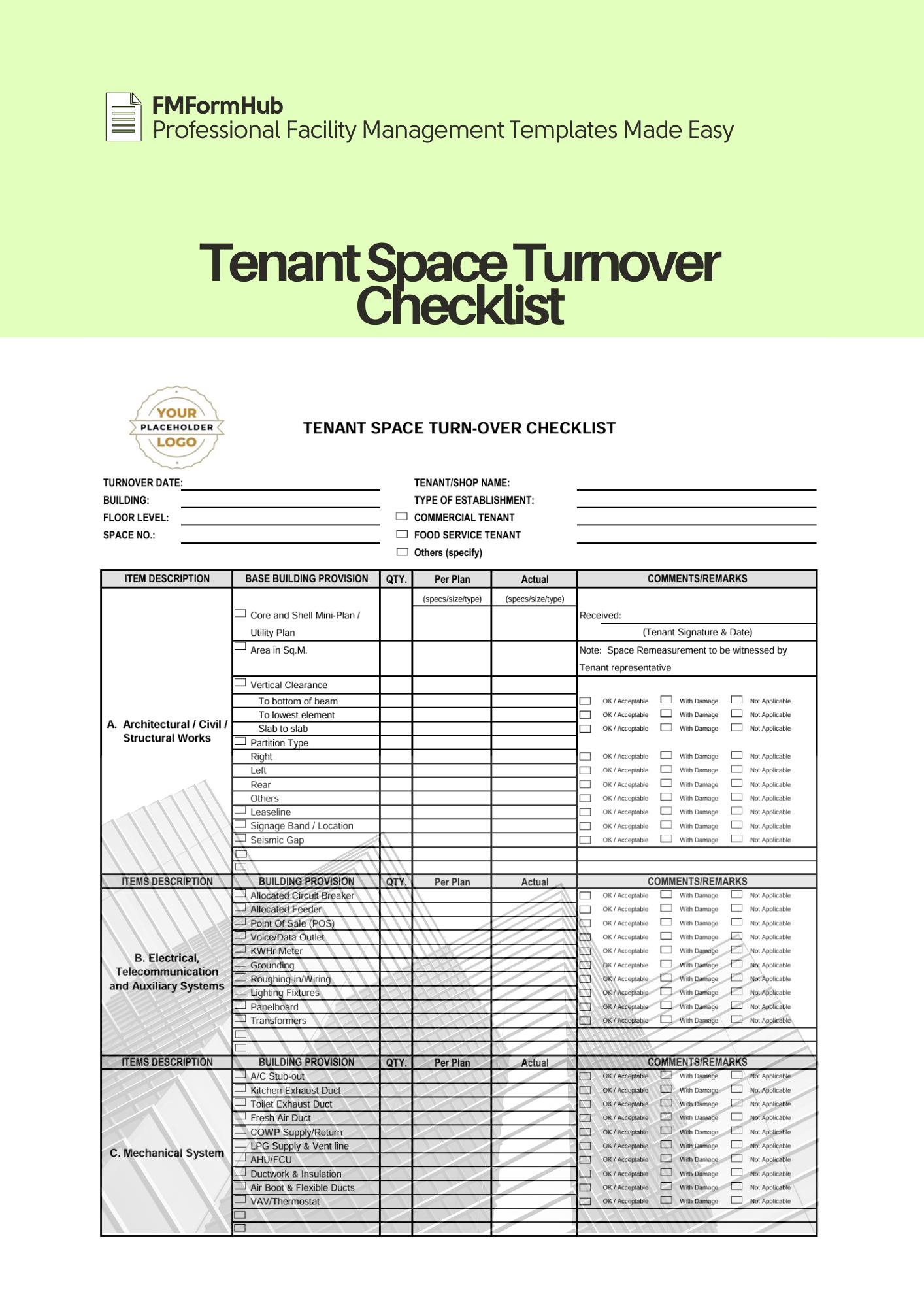 Tenant Space Turnover Checklist (lease Space Handover Guide, Space ...
