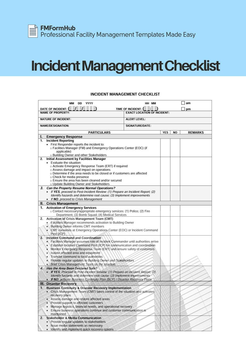 Incident Management Checklist (crisis Management Checklist, Emergency ...