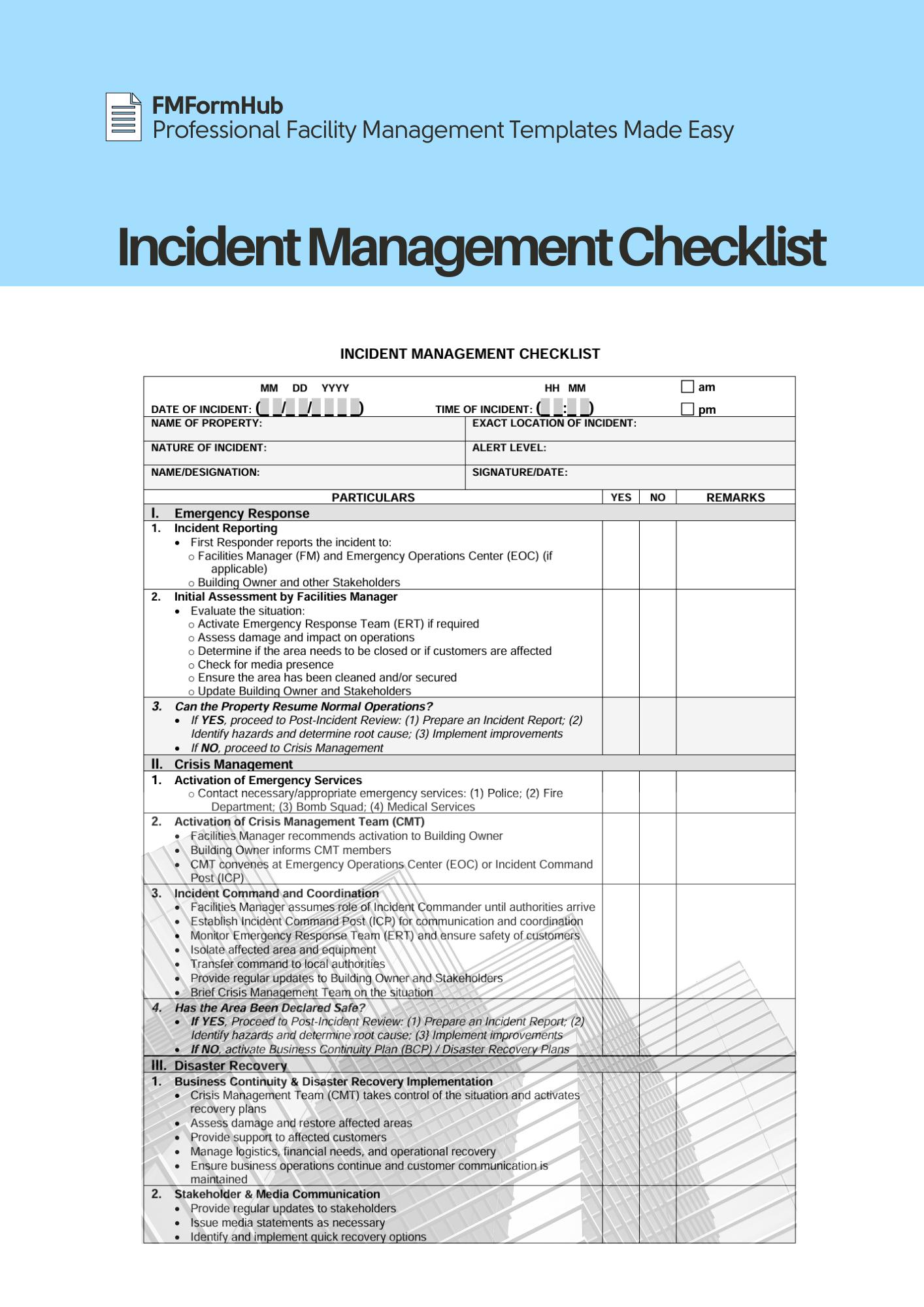 Incident Management Checklist (crisis Management Checklist, Emergency ...