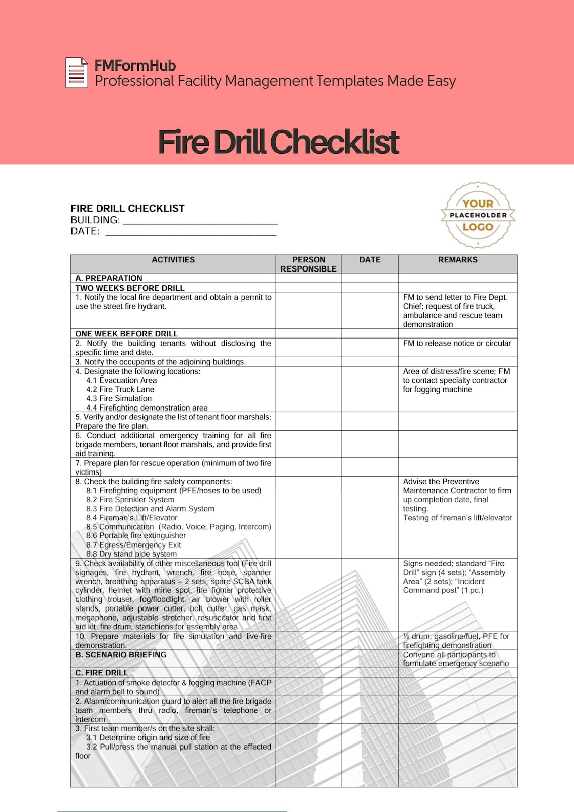 Fire Drill Checklist (fire Drill Planning Guide, Building / Emergency ...