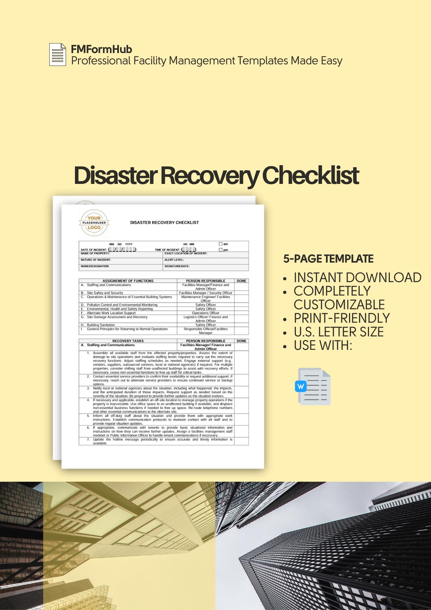 Disaster Recovery Checklist (crisis Recovery Checklist, Incident ...