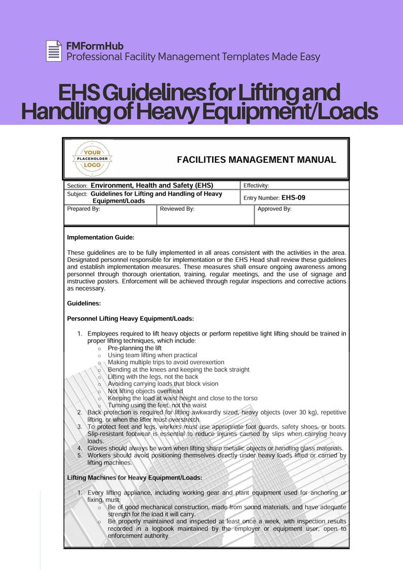 EHS Guidelines for Lifting and Handling of Heavy Equipment/loads (safe ...