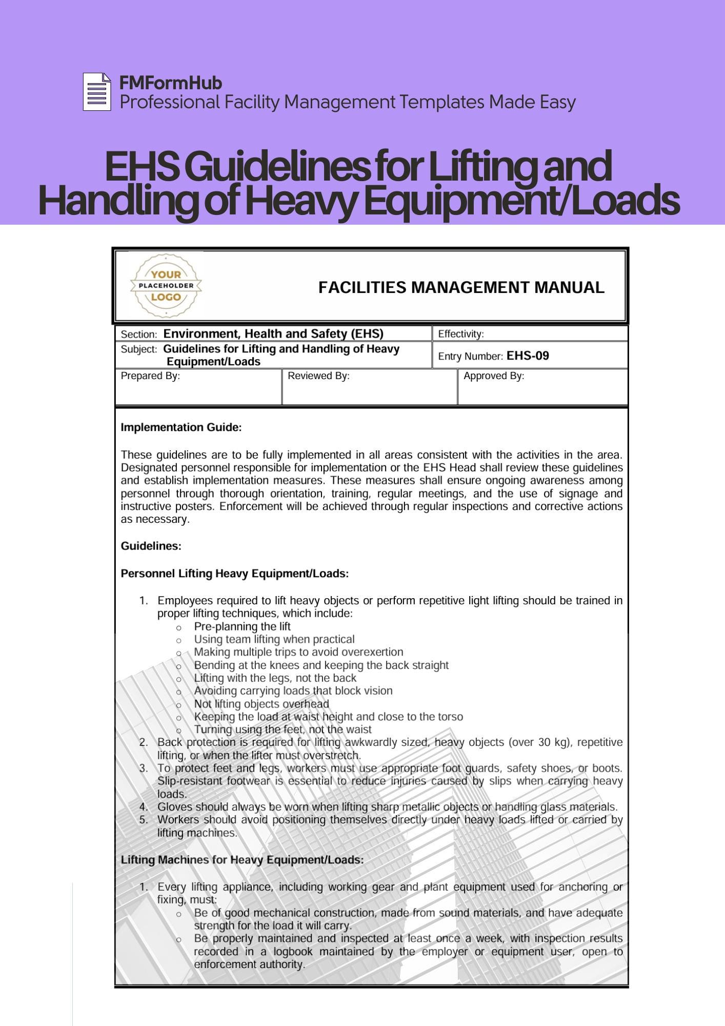 EHS Guidelines for Lifting and Handling of Heavy Equipment/loads (safe ...
