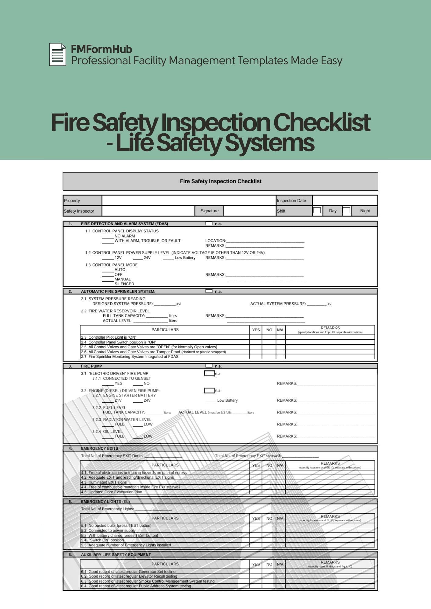 Fire Safety Inspection Checklist - Life Safety Systems (building Fire ...
