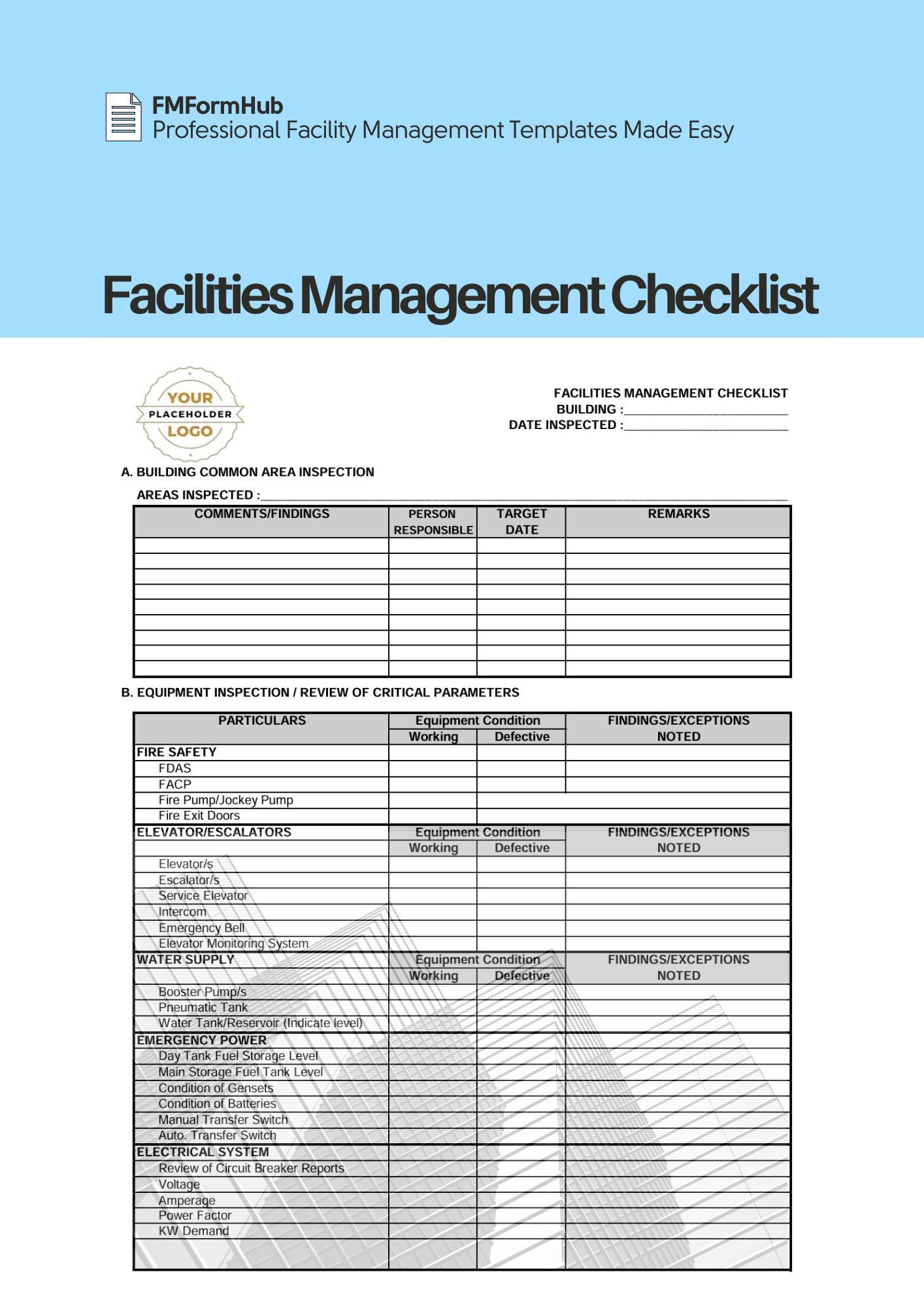 Facilities Management Checklist (facilities Inspection Checklist ...