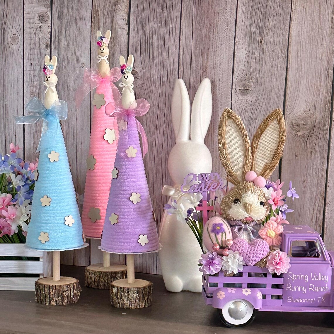 Easter Tabletop Tree Set: Chunky Yarn, Wood Bunny Toppers - Etsy