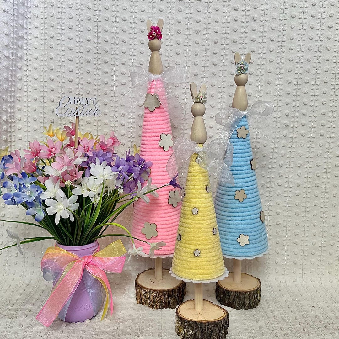Large Chunky Yarn Easter Bunny Table Top Trees, Set of 3- 17” 14” & 12 ...