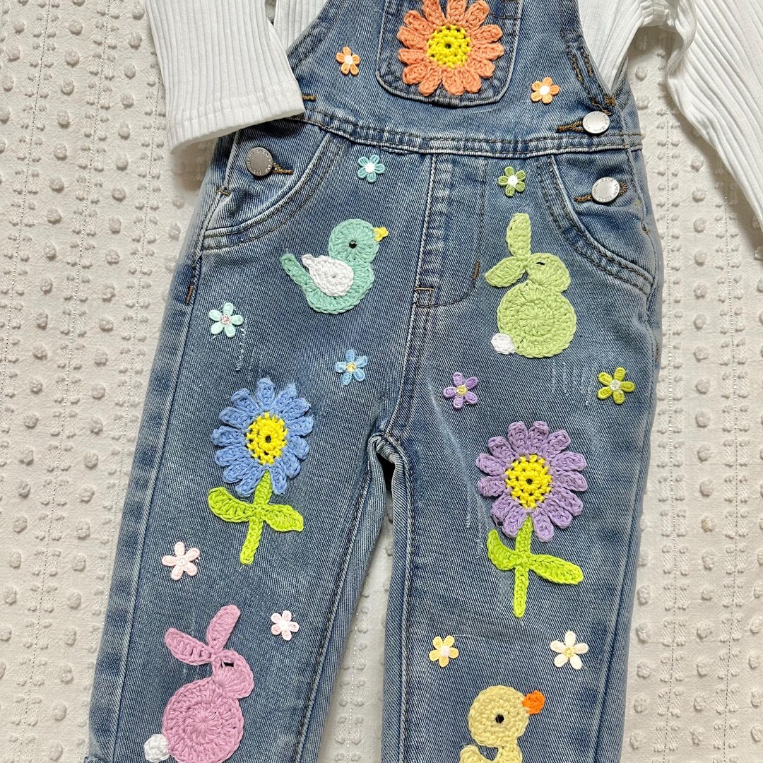 Easter Denim Overalls: Crocheted Appliqué Outfit - Etsy