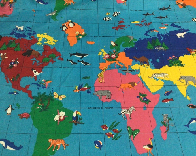 Endangered Species World Map Fabric,continents,oceans,animals,geography ...