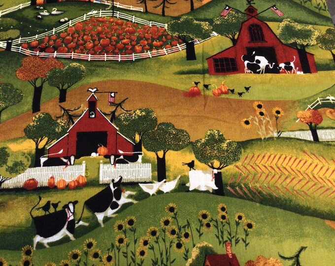 Autumn Countryside Fabric, Rare Folk Art Fabric,concord Fabrics,fat ...