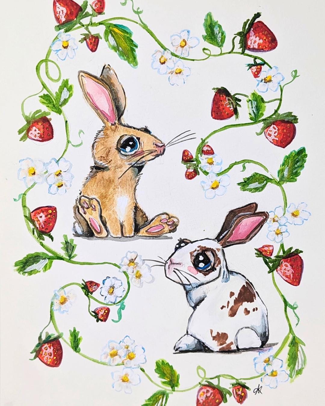 Rabbit Watercolor Art Print: Quirky Strawberry Illustration - Etsy