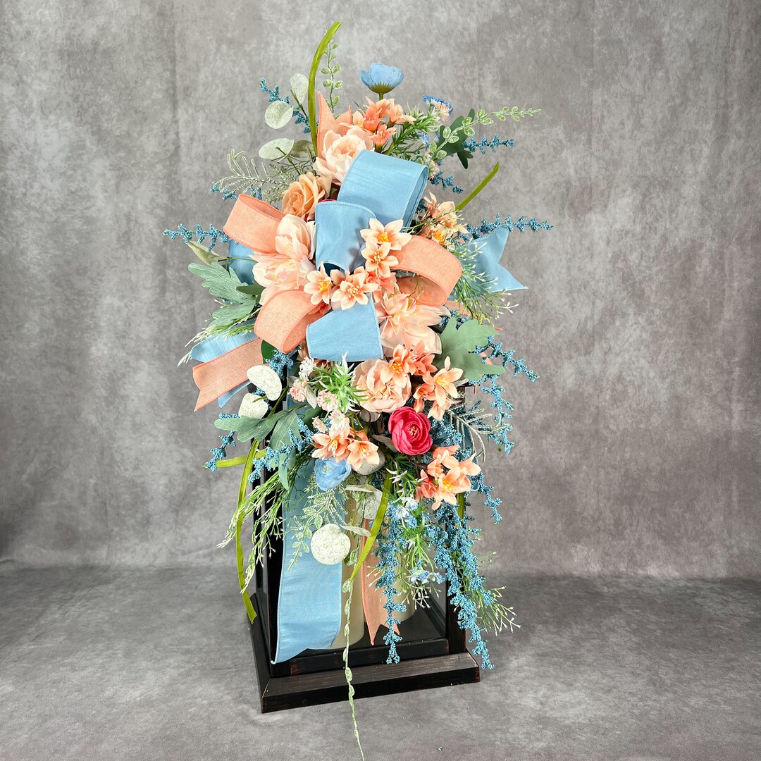 Peach Blue Romantic All Floral Lantern Topper, Lantern Swag ...