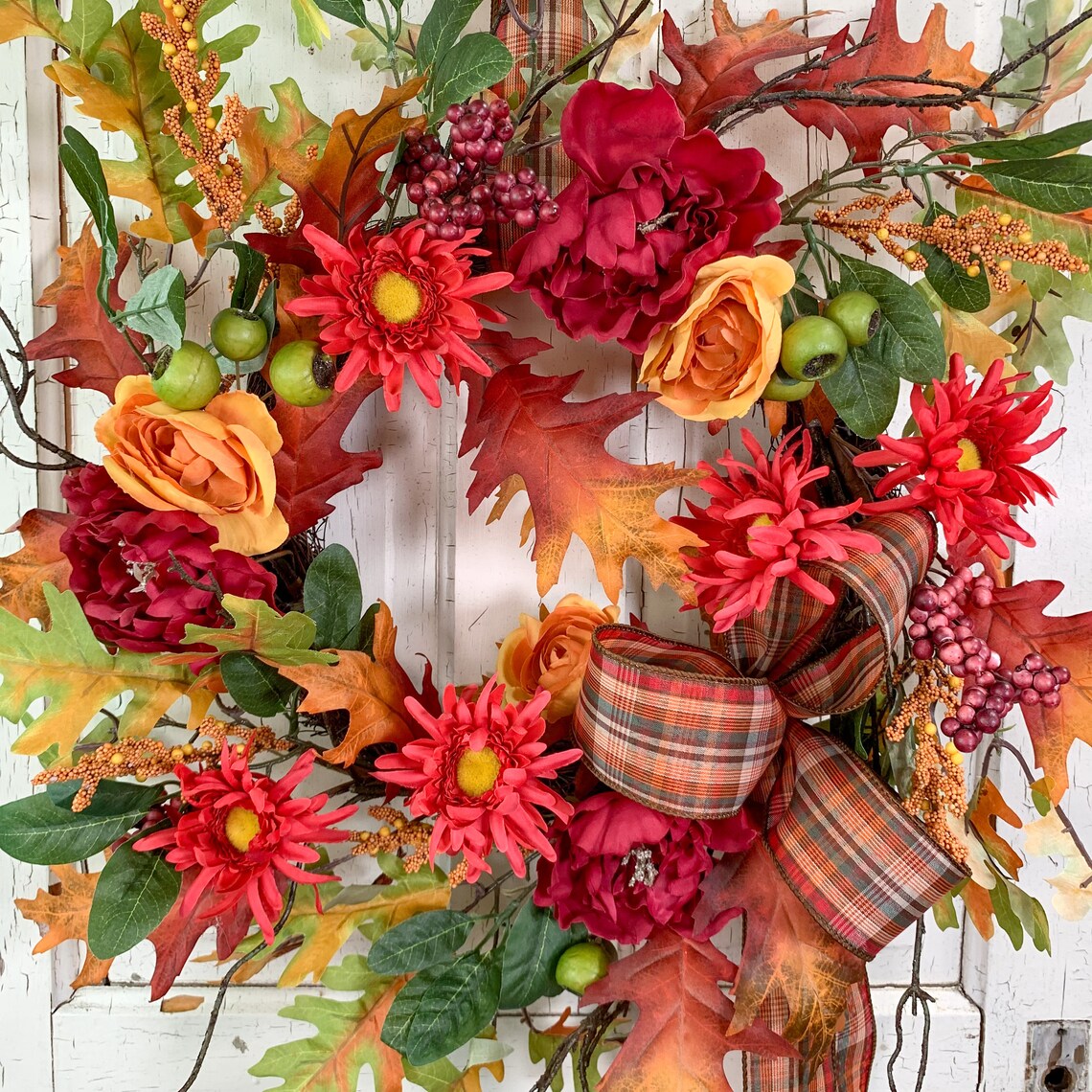 Elegant Fall Rose & Daisy Mum Wreath Fall Door Decor Front - Etsy