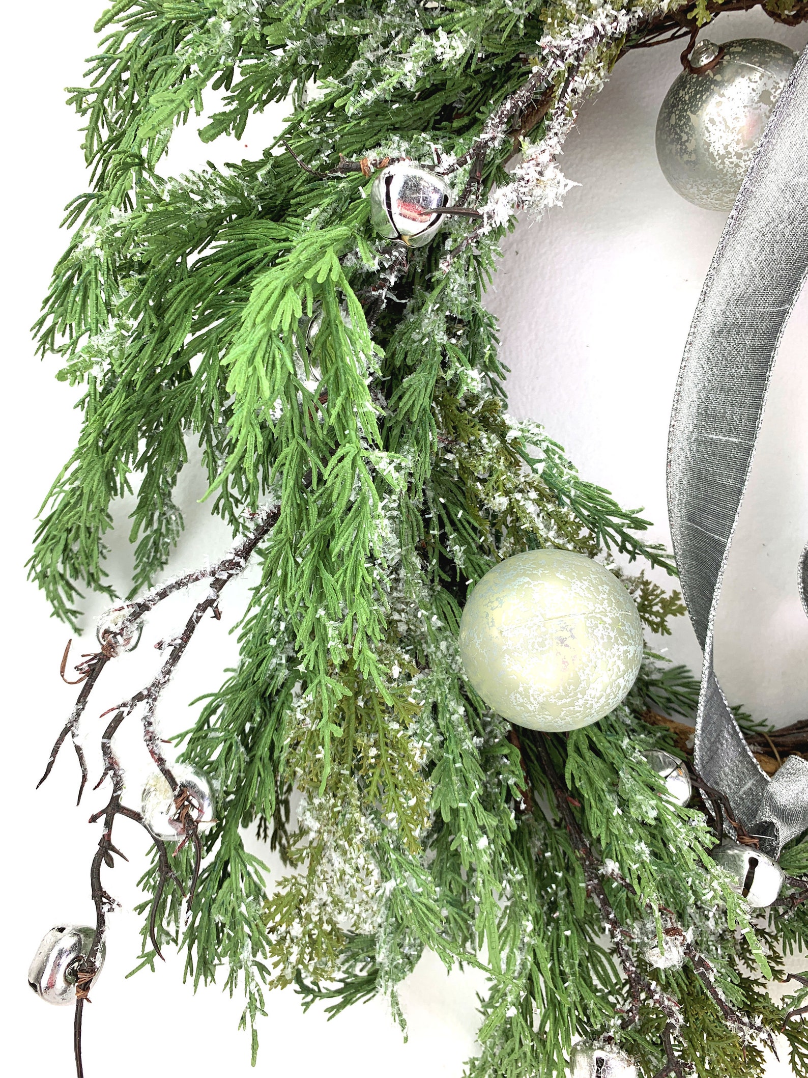 24 Iced Cedar Silver Ornaments and Bells Christmas Wreath for | Etsy