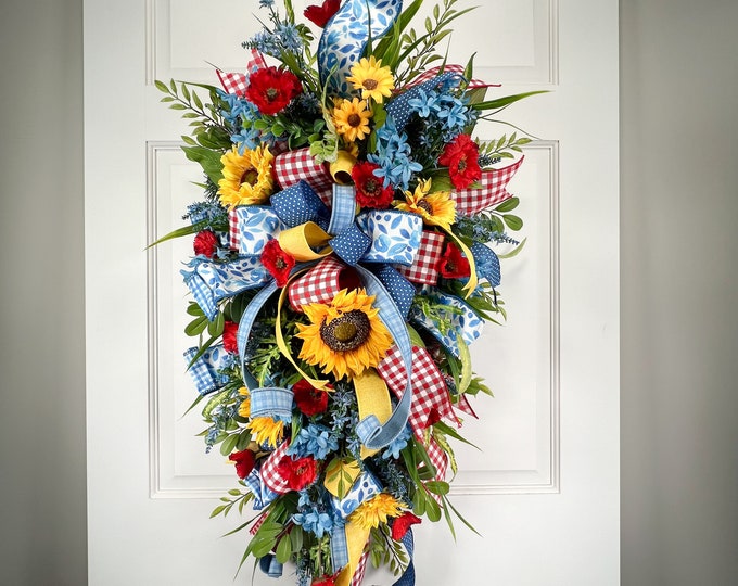 Bright Summer Sunflower Lilac Cosmos Silk Flower Teardrop Swag Wreath ...