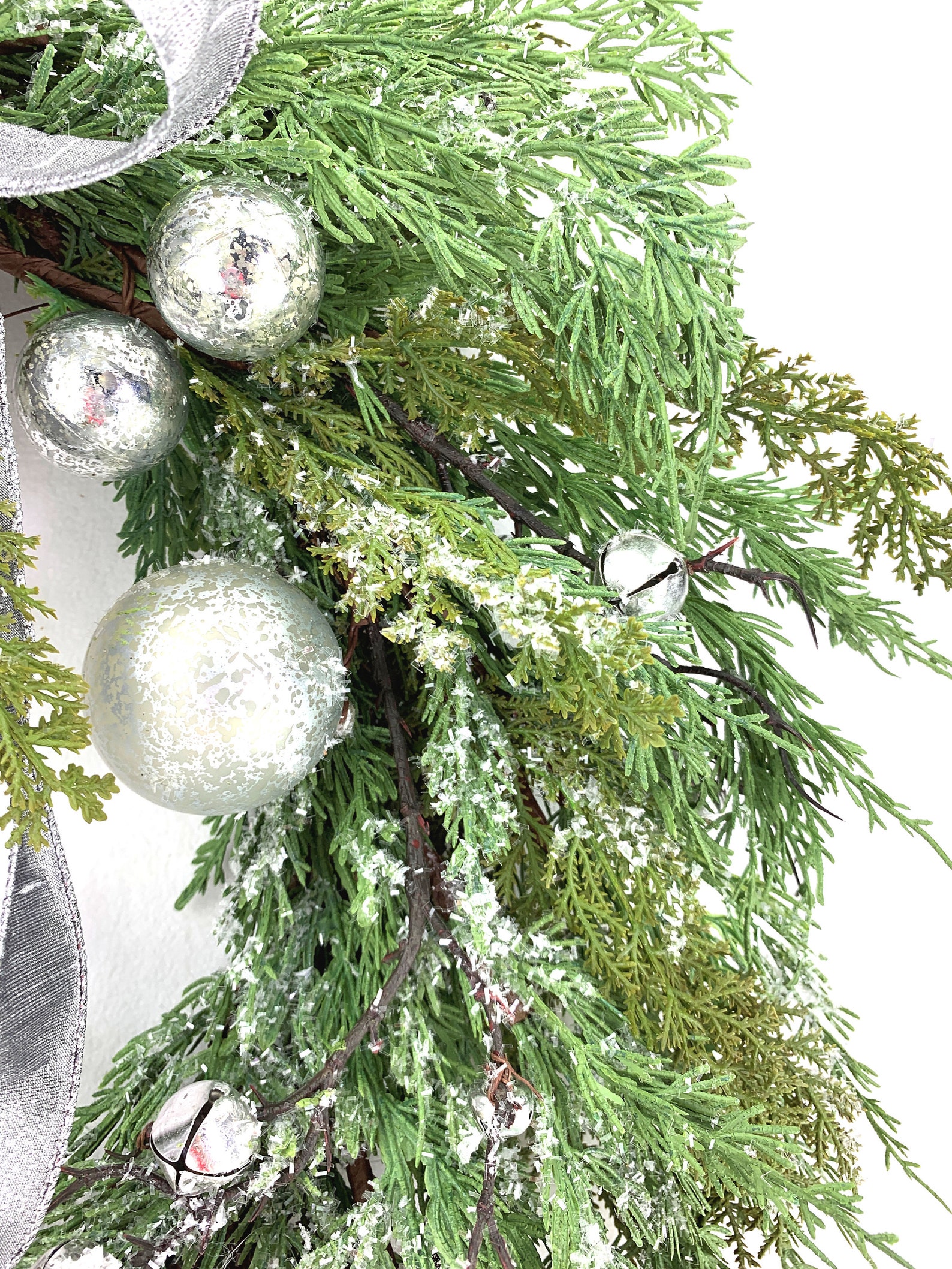 24 Iced Cedar Silver Ornaments and Bells Christmas Wreath for | Etsy