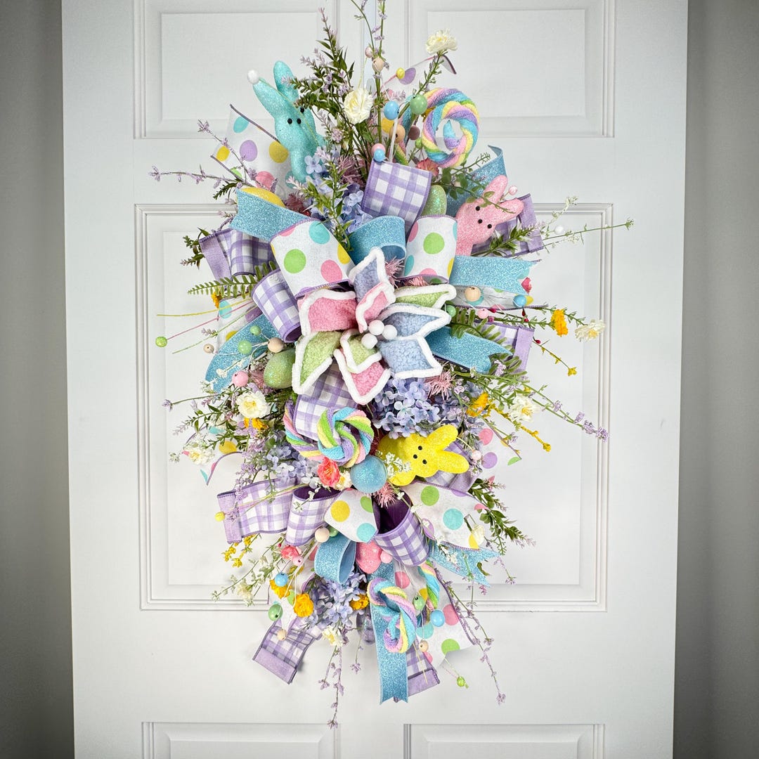 Easter Bunny Teardrop Swag Wreath for Front Door With Faux Sugar ...