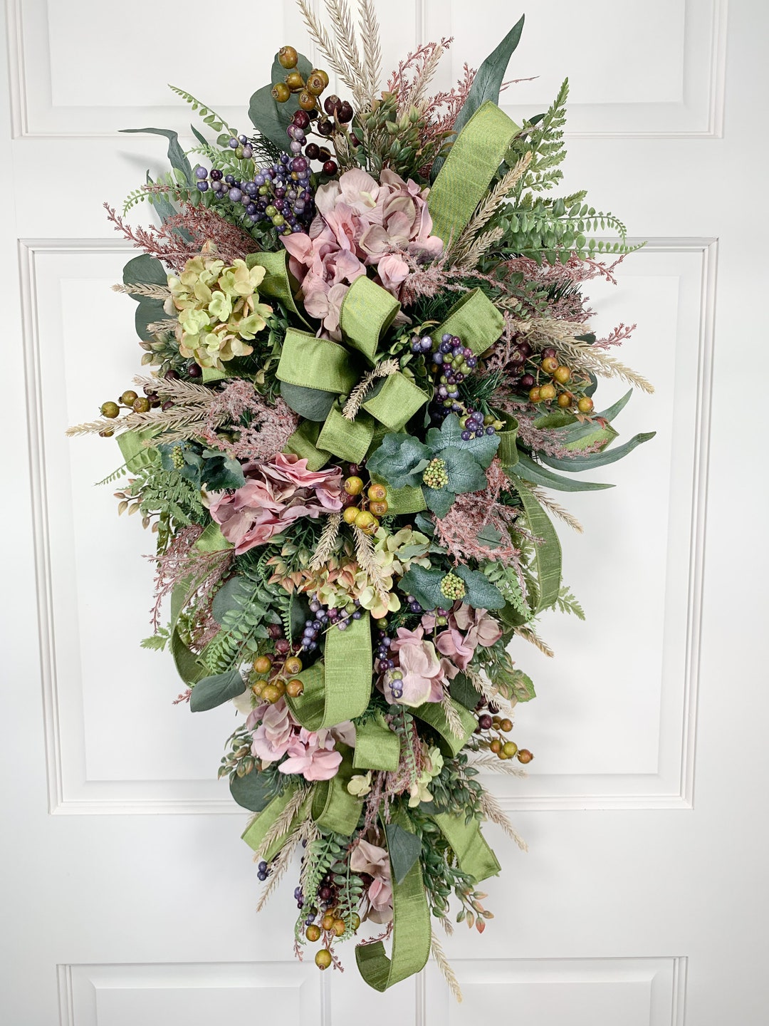 Spring Hydrangea Swag Wreath for Front Door, Elegant Blue Purple Silk ...