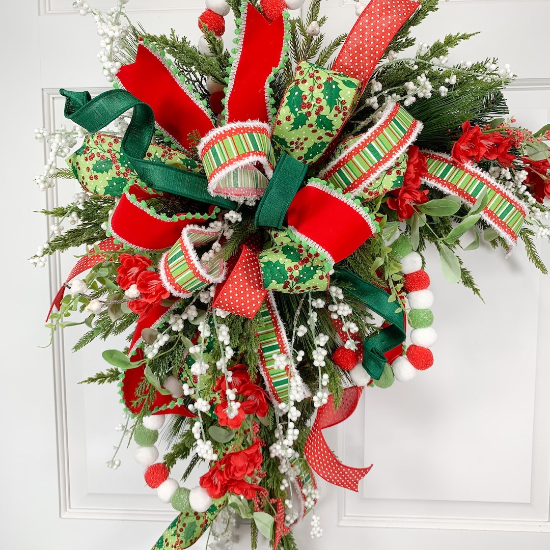 Holiday Corner Swag Wreath, Christmas Red and Green Wreath, Whimsical ...