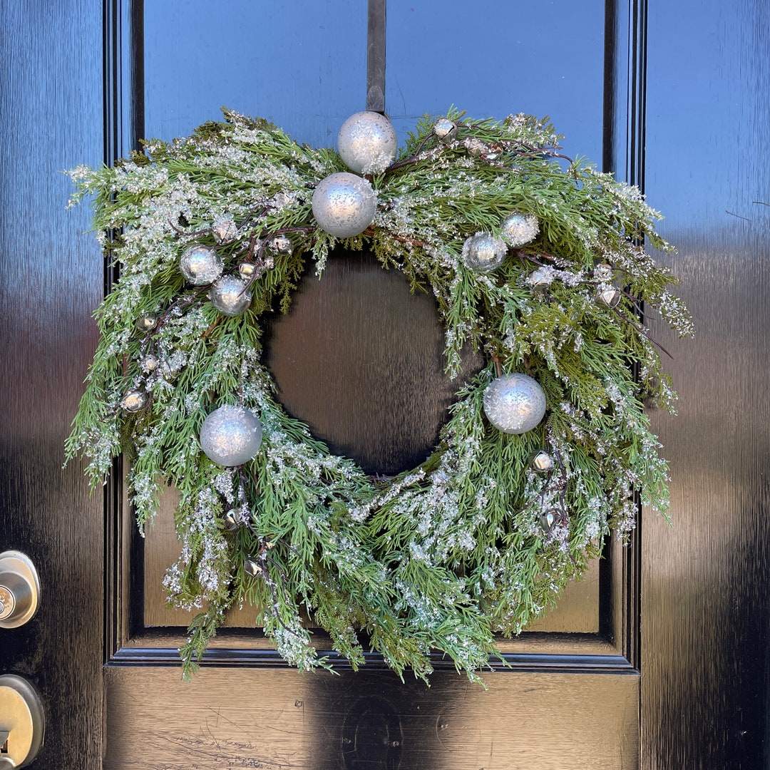 24” Iced Cedar Silver Ornaments and Bells Christmas Wreath for Front ...