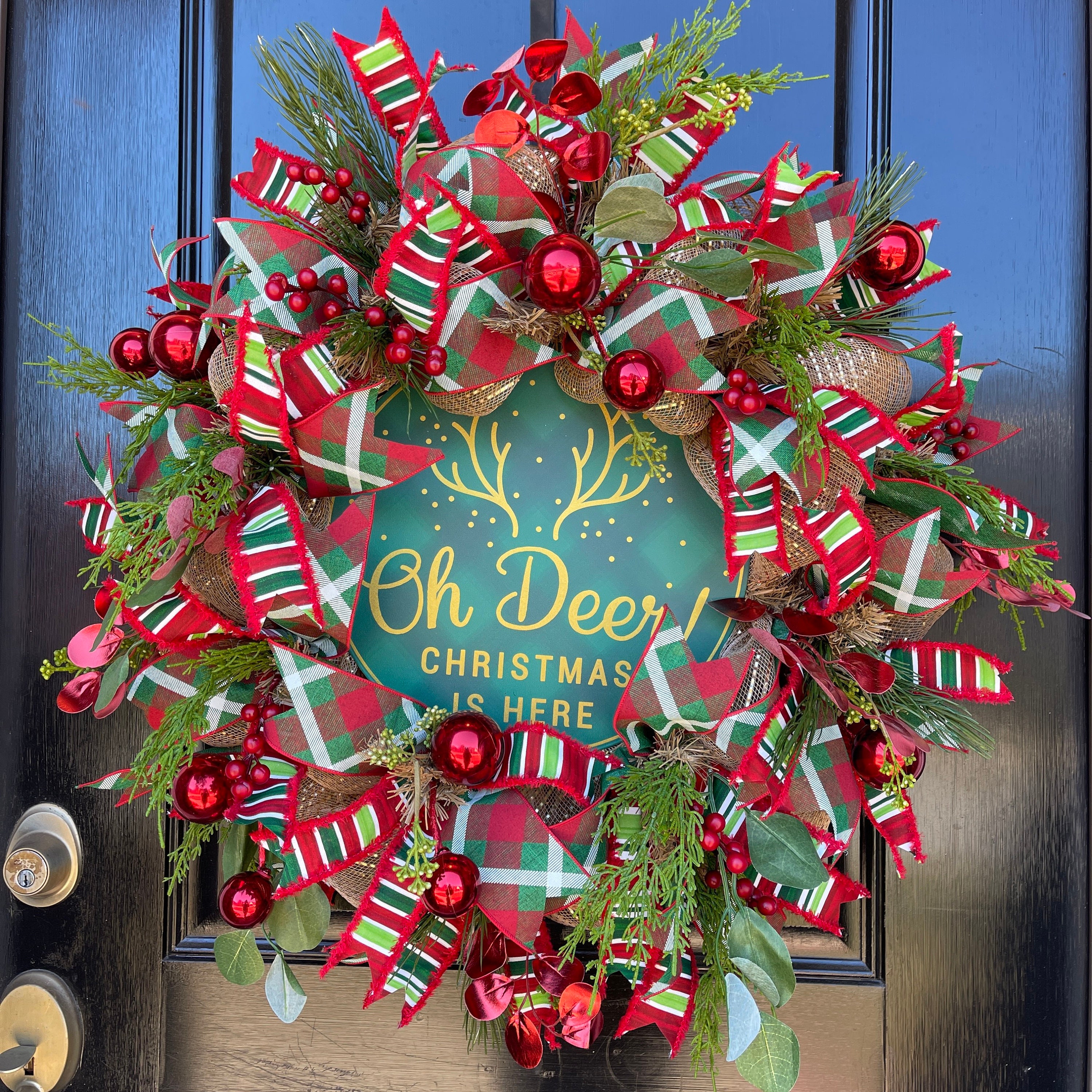Large Whimsical Deco Mesh Christmas Wreath for Front Door Traditional Holiday Wreath for Porch in Green Red Door Wreaths for Xmas Etsy Ireland