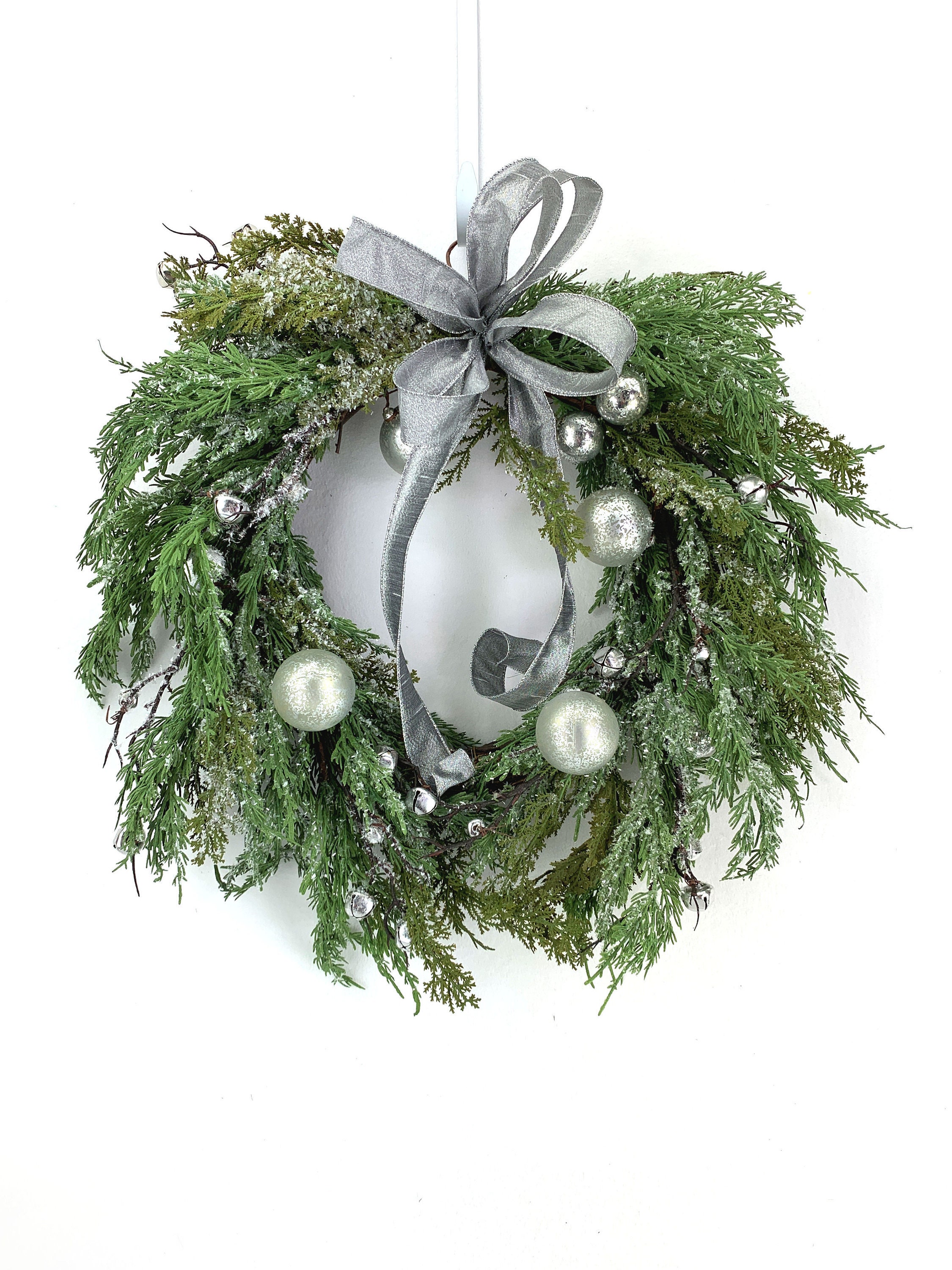 24 Iced Cedar Silver Ornaments and Bells Christmas Wreath for | Etsy