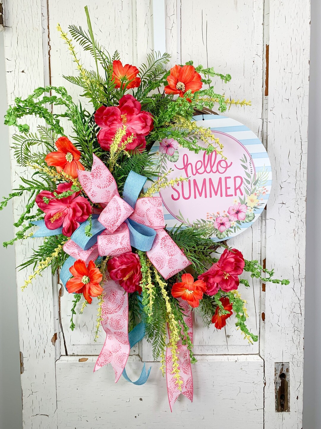 Hello Summer Door Wreath on Grapevine Base, Natural Looking Silk Flower ...