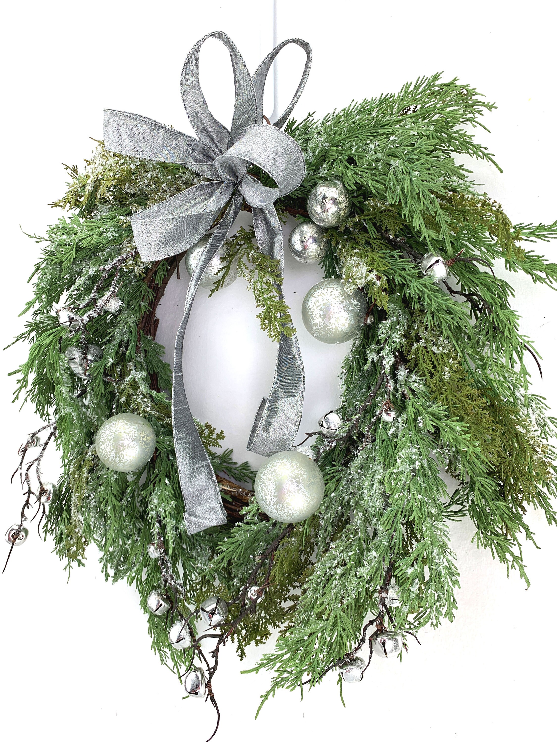 24 Iced Cedar Silver Ornaments and Bells Christmas Wreath for | Etsy