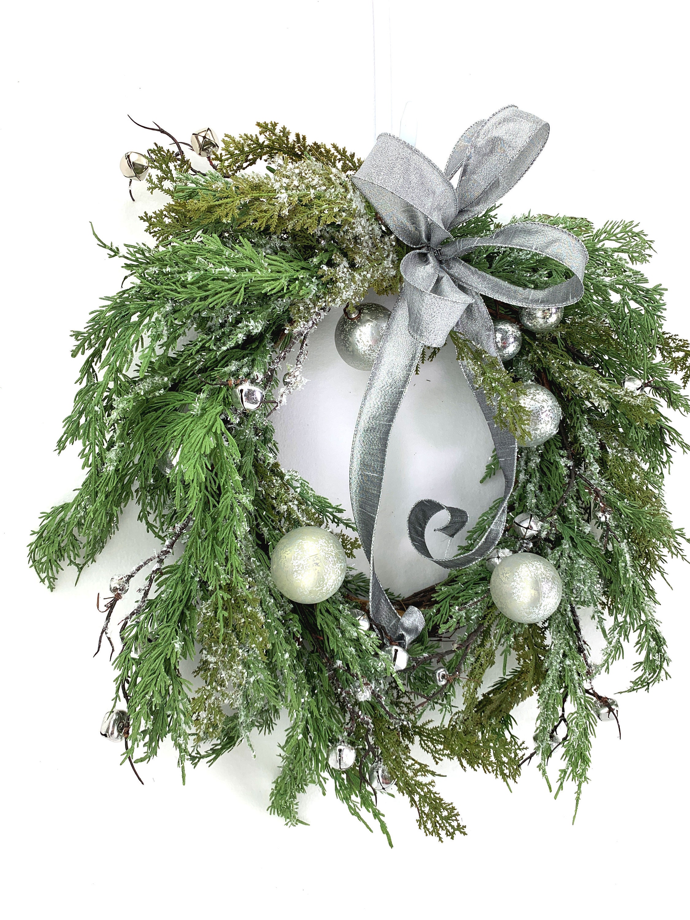 24 Iced Cedar Silver Ornaments and Bells Christmas Wreath for | Etsy