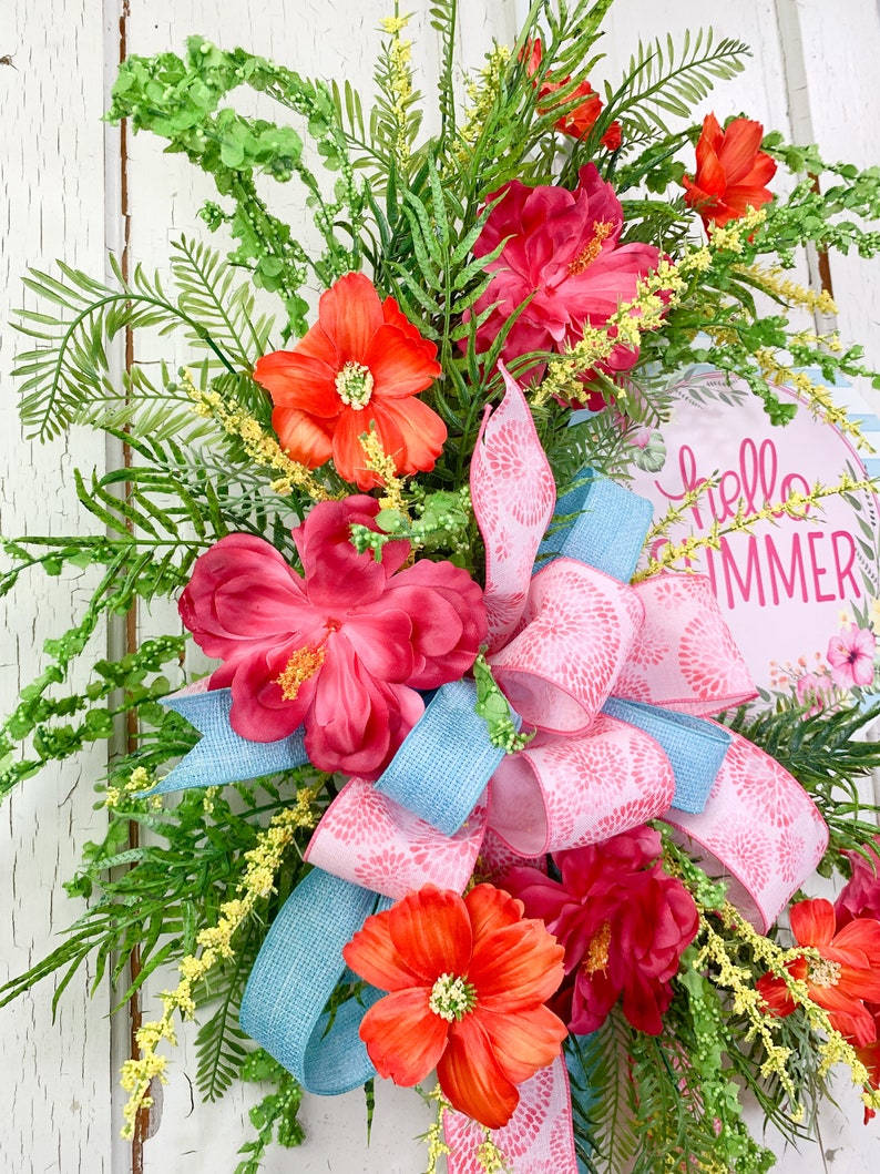 Hello Summer Door Wreath on Grapevine Base, Natural Looking Silk Flower ...