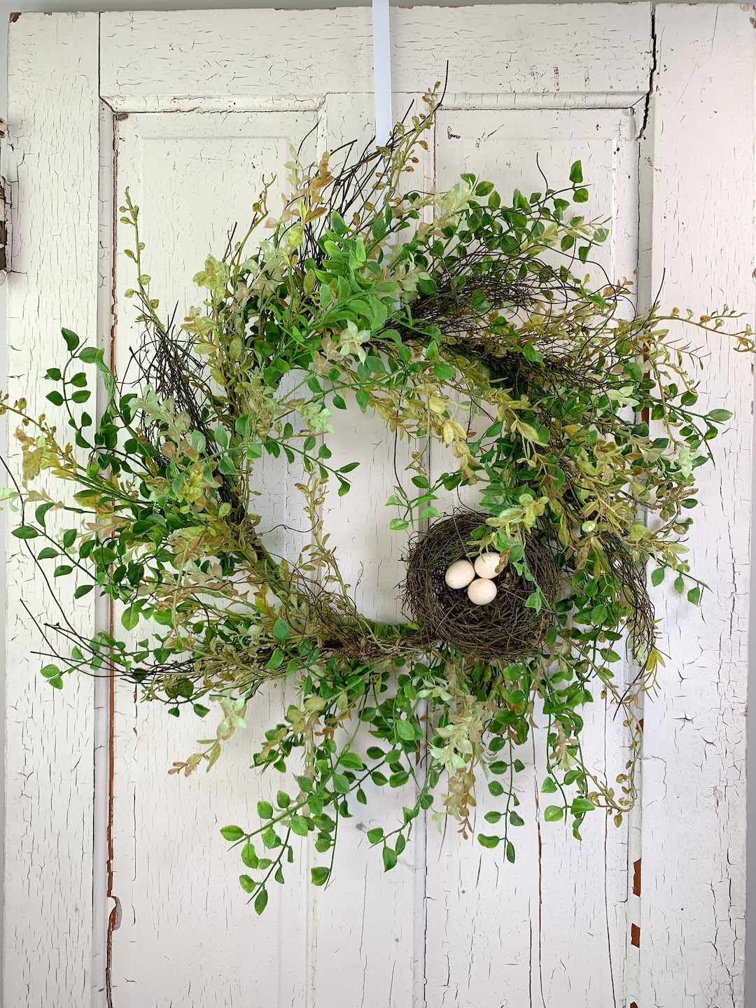 Every Day Wreath With Bird's Nest 24", Front Door Decor, Mixed Greenery ...