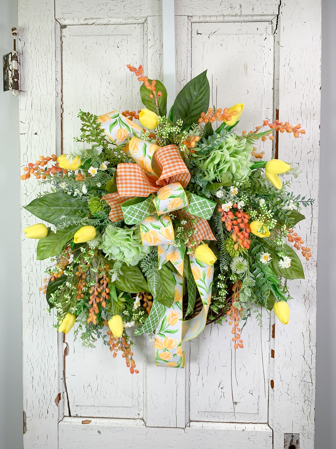 Natural Looking Yellow Tulip Wreath for Front Door With Bow, Silk ...