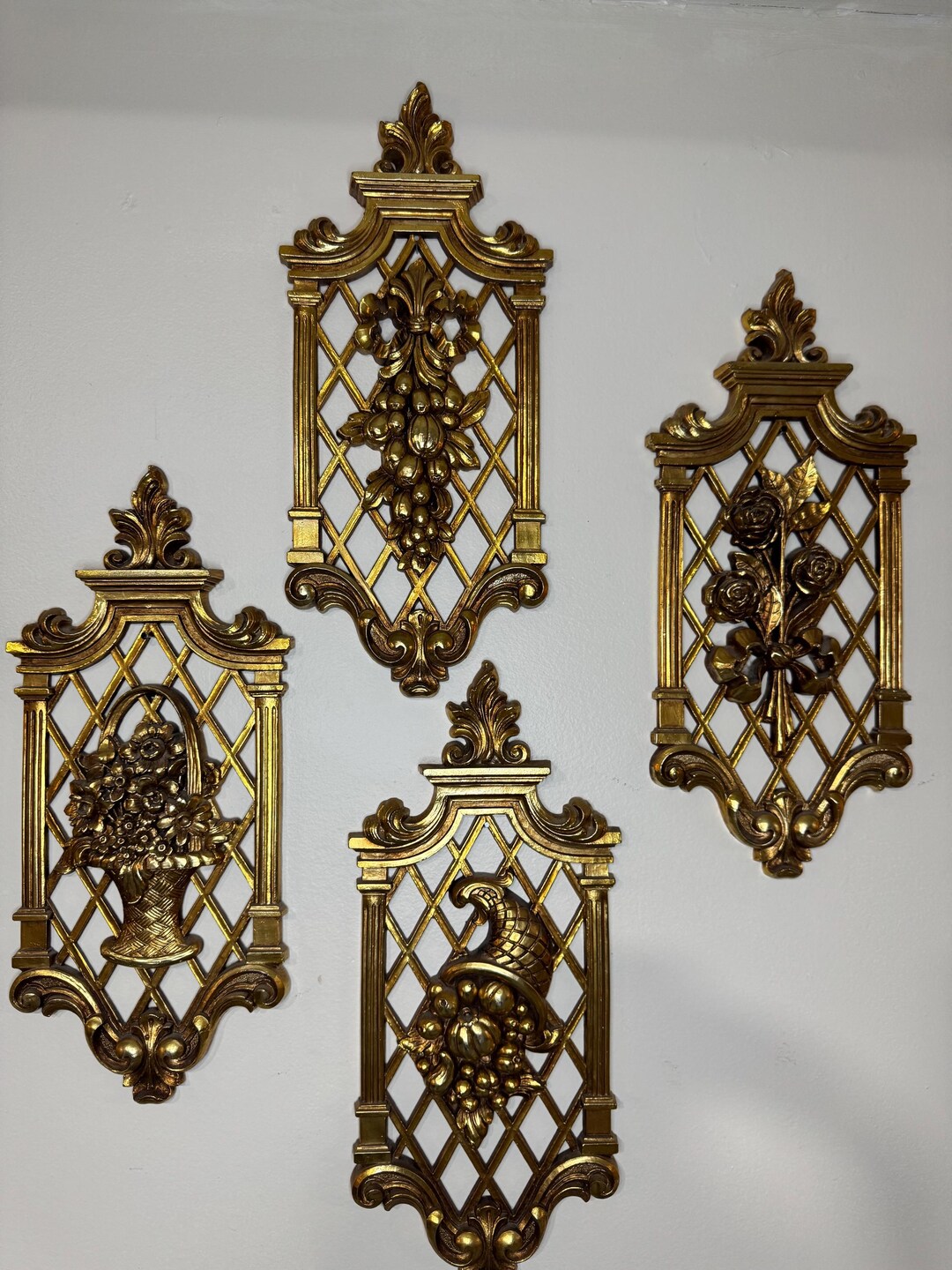 Vintage Syroco Gold Resin Wall Decor Set of 4 Flowers an Fruit ...