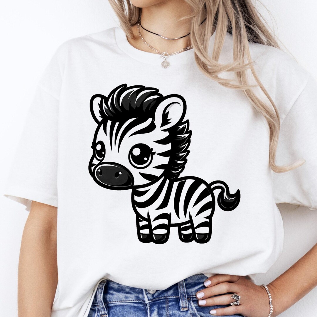 Chibi Zebra T-shirt: Cute Safari Calf Line Art Front Graphic, 100% ...